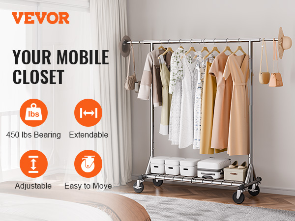 VEVOR Clothes Rack with Wheels, Heavy Duty Clothing Garment Rack ...
