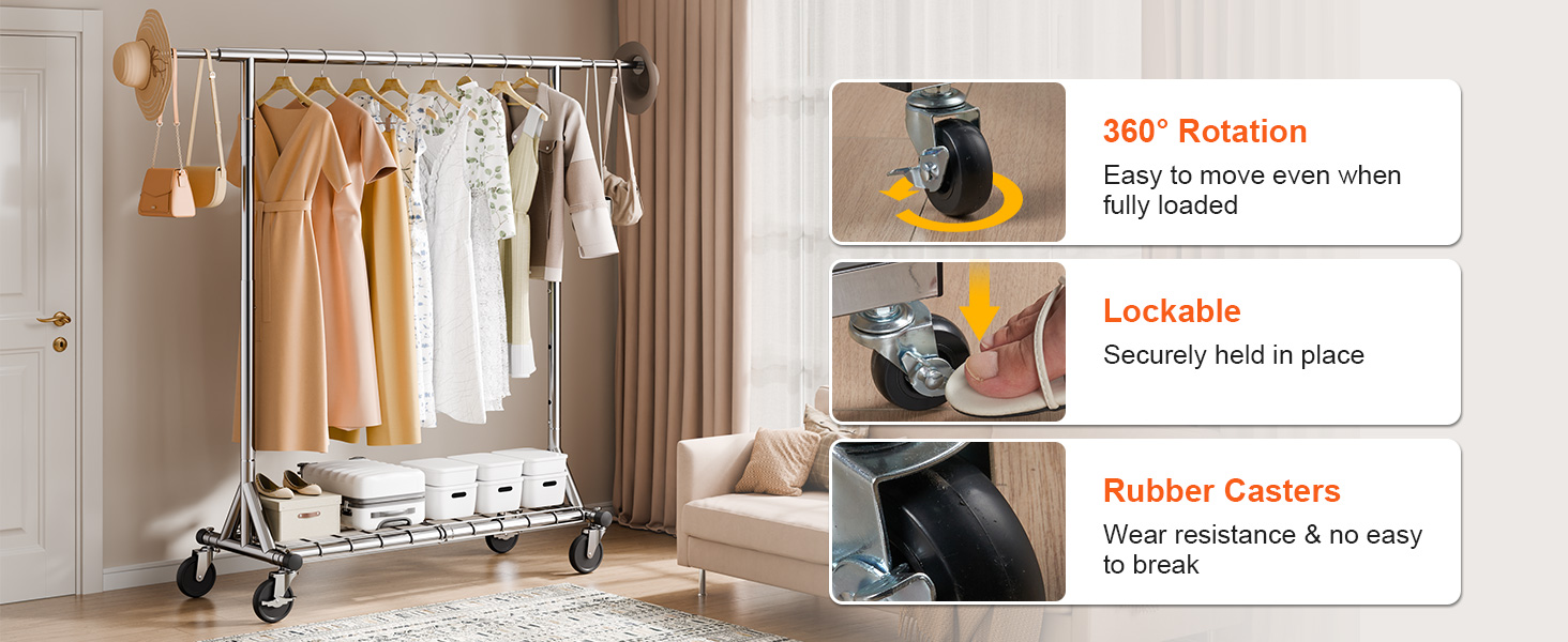 VEVOR Clothes Rack with Wheels, Heavy Duty Clothing Garment Rack ...