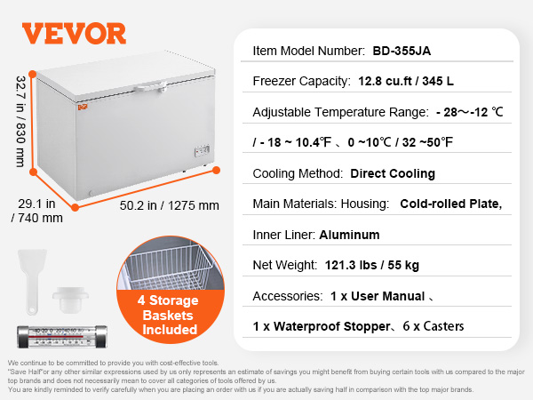 VEVOR Chest Freezer, 12.8 Cu.ft / 345 L Large Deep Freezer & 4 ...