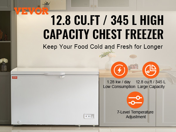 VEVOR Chest Freezer, 12.8 Cu.ft / 345 L Large Deep Freezer & 4 ...