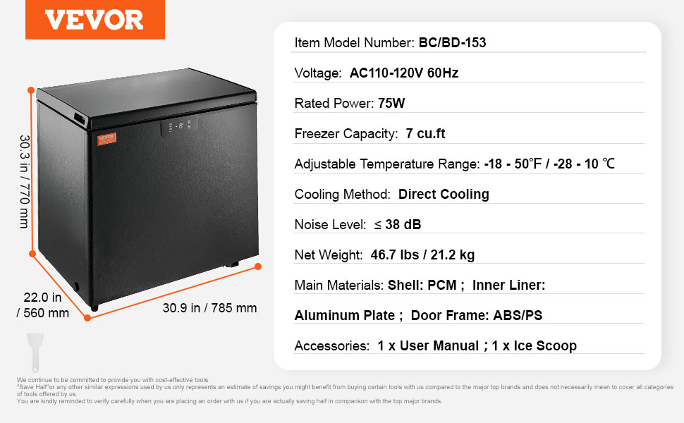 VEVOR Chest Freezer, 7 Cu.ft / 198 L Compact Deep Freezer, Free ...
