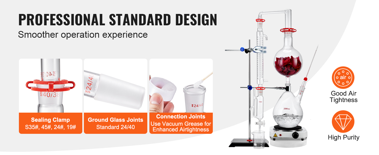 VEVOR Essential Oil Distillation Kit, 2000ml Distillation Apparatus, 3. ...