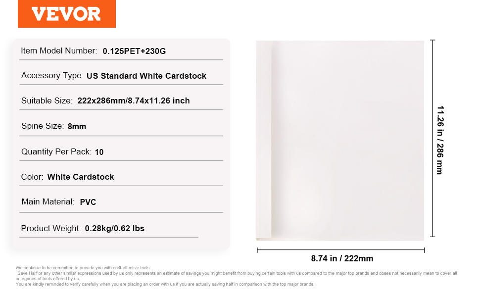 VEVOR Thermal Binding Covers 10 Pack Thermal Presentation Covers 5/16 ...