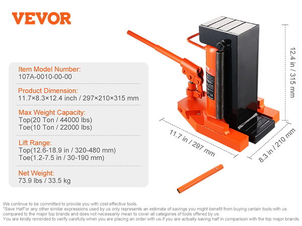 VEVOR Hydraulic Toe Jack, 10 Ton On Toe Toe Jack Lift, 20 Ton On Top ...