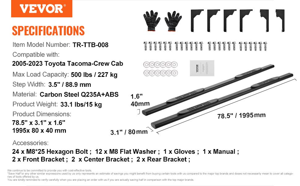 VEVOR Running Boards 3" Step Bars Fit 2005-2023 Toyota Tacoma-Crew Cab ...