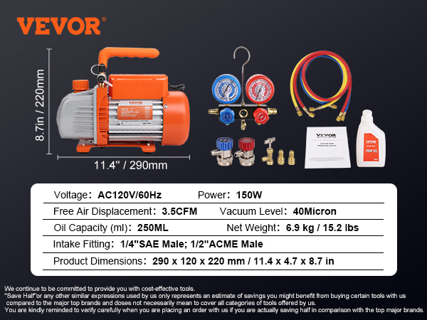 VEVOR 1/5 HP 3.5 CFM AC Vacuum Pump and Gauge Set, Single Stage Rotary ...