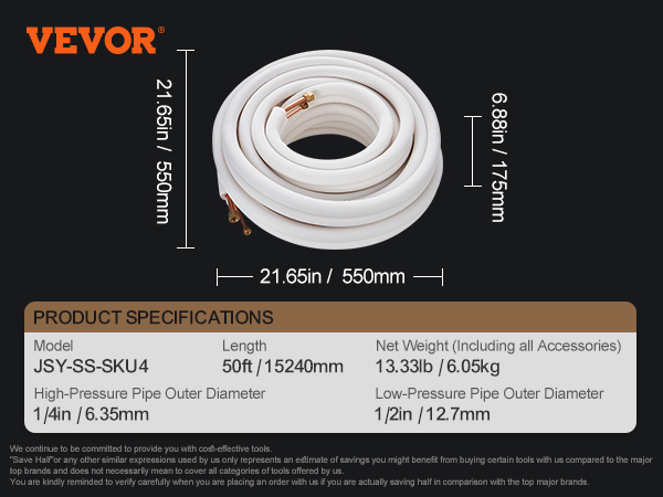VEVOR 50FT Mini Split Line Set, 1/4" & 1/2" O.D Copper Pipes Tubing and ...