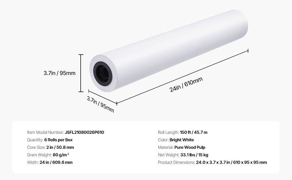 VEVOR Wide Format Paper, 24 in x 150 ft Plotter Paper, 6 Rolls CAD Bond ...