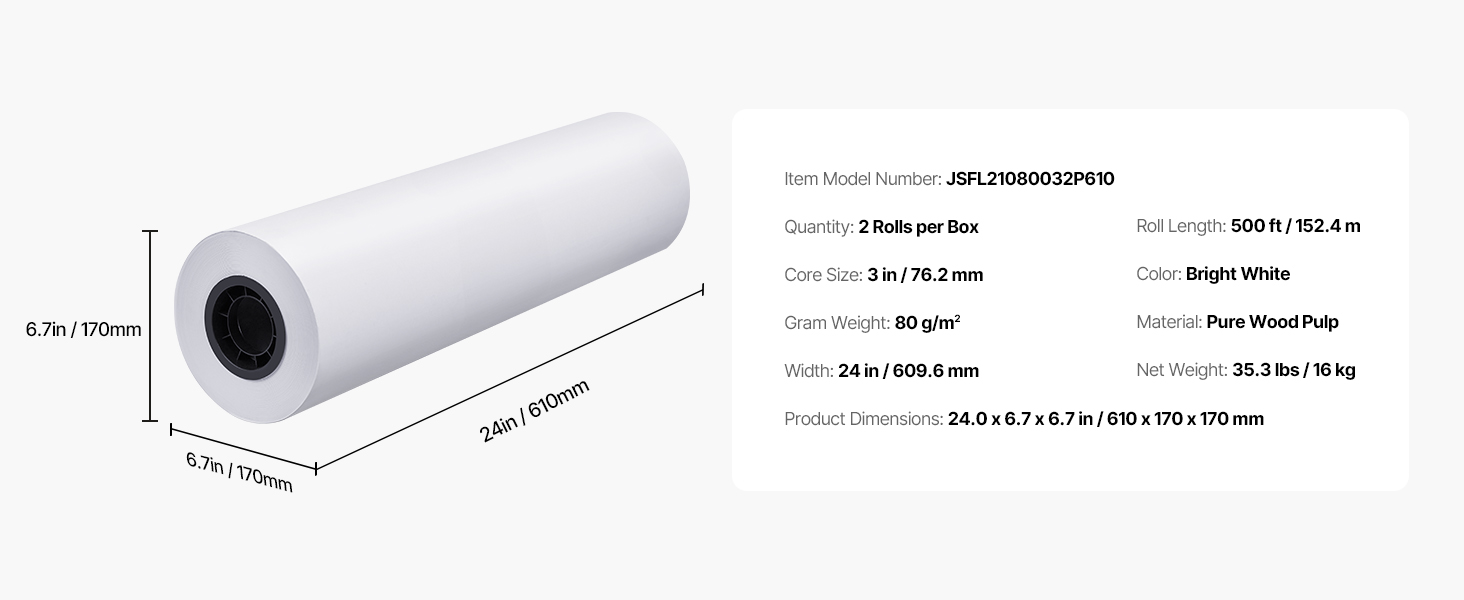 VEVOR Wide Format Paper Plotter Paper 2 Rolls 24 in x 500 ft CAD Bond ...
