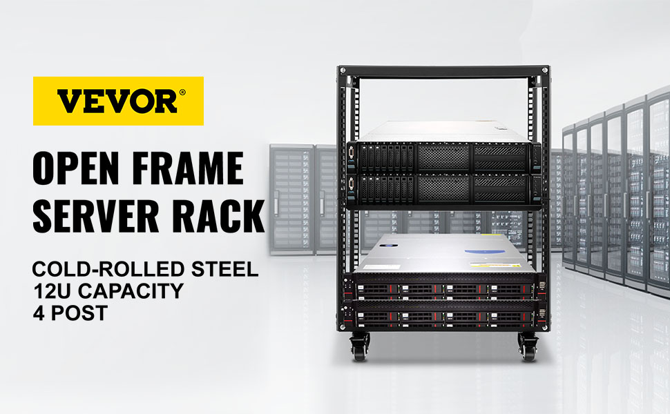 VEVOR Server Rack, 12U Open Frame Rack, 4-Post IT Server Network Relay ...