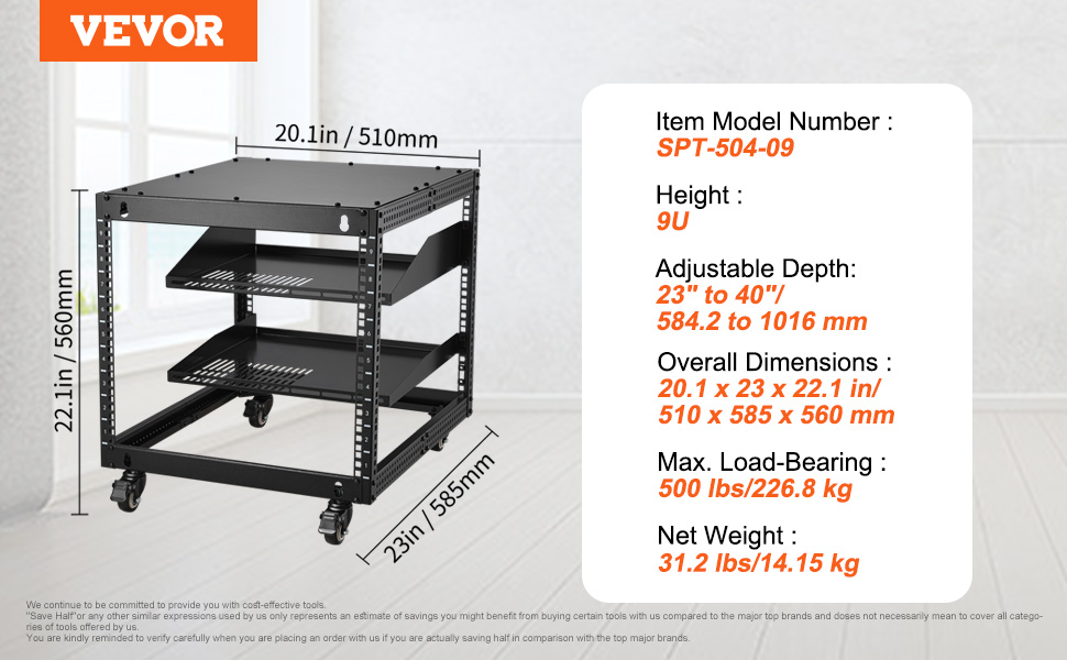 VEVOR 9U 4 Post Open Frame Server Network Rack 584.2 to 1016 mm ...