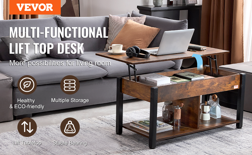 VEVOR Lift Up Coffee Table, 41.7 in Rectangle Coffee Table with Storage ...