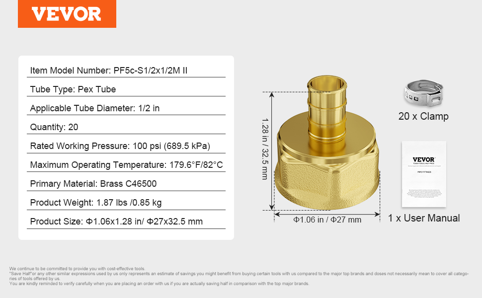 VEVOR Pipe Fittings 1/2" 20PCS Brass Clamp-style 1/2 NPT Internal ...
