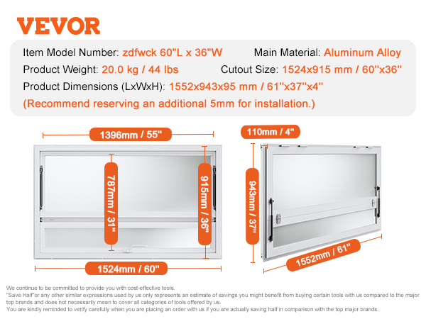 VEVOR Concession Window 60"x36", Aluminum Alloy Food Truck Service ...