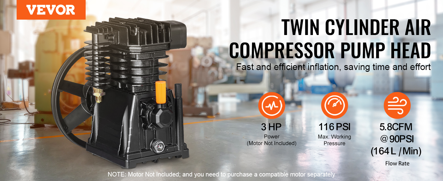 VEVOR Air Compressor Pump Head 3HP 5.8CFM @ 90PSI Twin Cylinder Piston ...