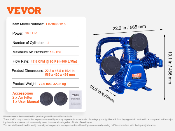 VEVOR Air Compressor Pump Head 10HP 17.5CFM @ 90PSI 3-Cylinder Piston ...