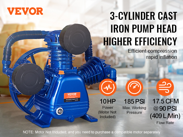 VEVOR Air Compressor Pump Head 10HP 17.5CFM @ 90PSI 3-Cylinder Piston ...