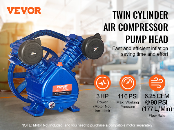 VEVOR Air Compressor Pump Head 3HP 6.25CFM @ 90PSI 2-Cylinder Piston ...