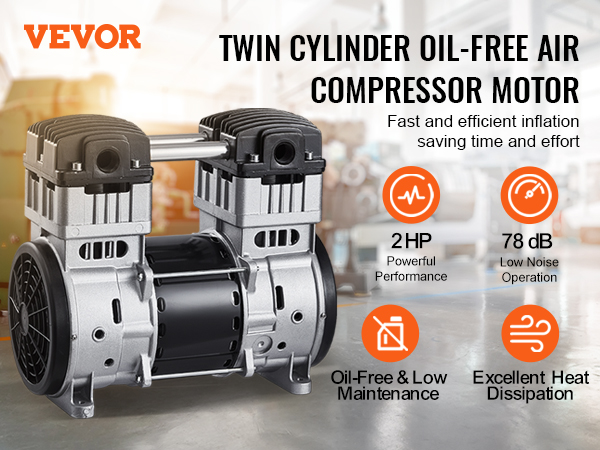 VEVOR Air Compressor Motor 2HP 5.2CFM @ 90PSI Oil Free with Max. 145PSI ...