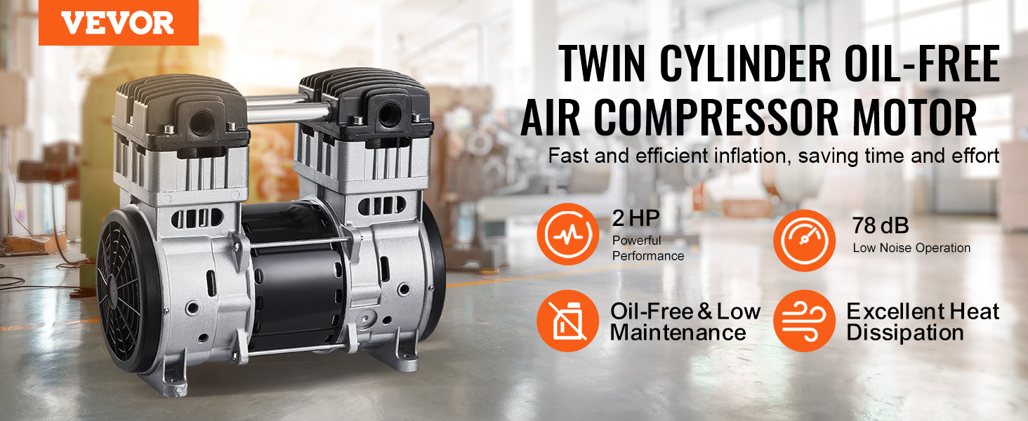 VEVOR Air Compressor Motor 2HP 5.2CFM @ 90PSI Oil Free with Max. 145PSI ...