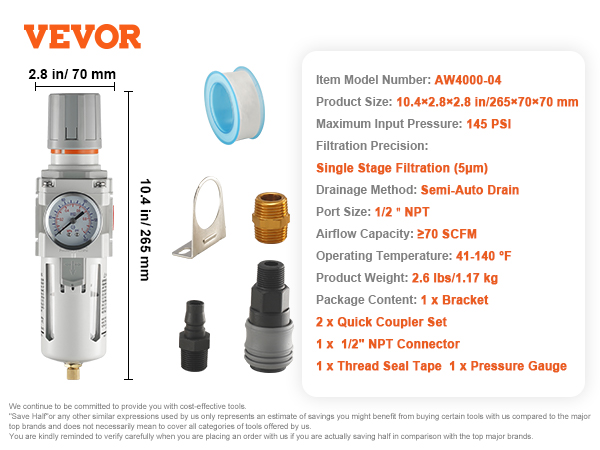 VEVOR Air Compressor Filter Regulator, 1/2" NPT 5μm Air Dryer for ...