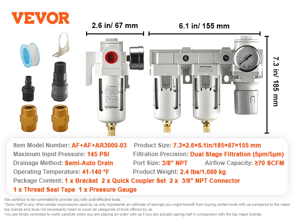 VEVOR Air Compressor Filter Regulator, 3/8" NPT 5μm Air Compressor ...
