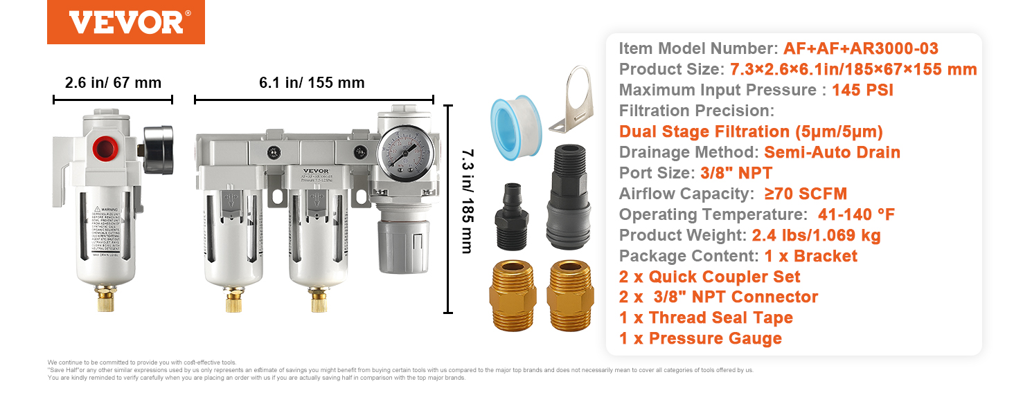 VEVOR Air Compressor Filter Regulator, 3/8" NPT 5μm Air Compressor ...