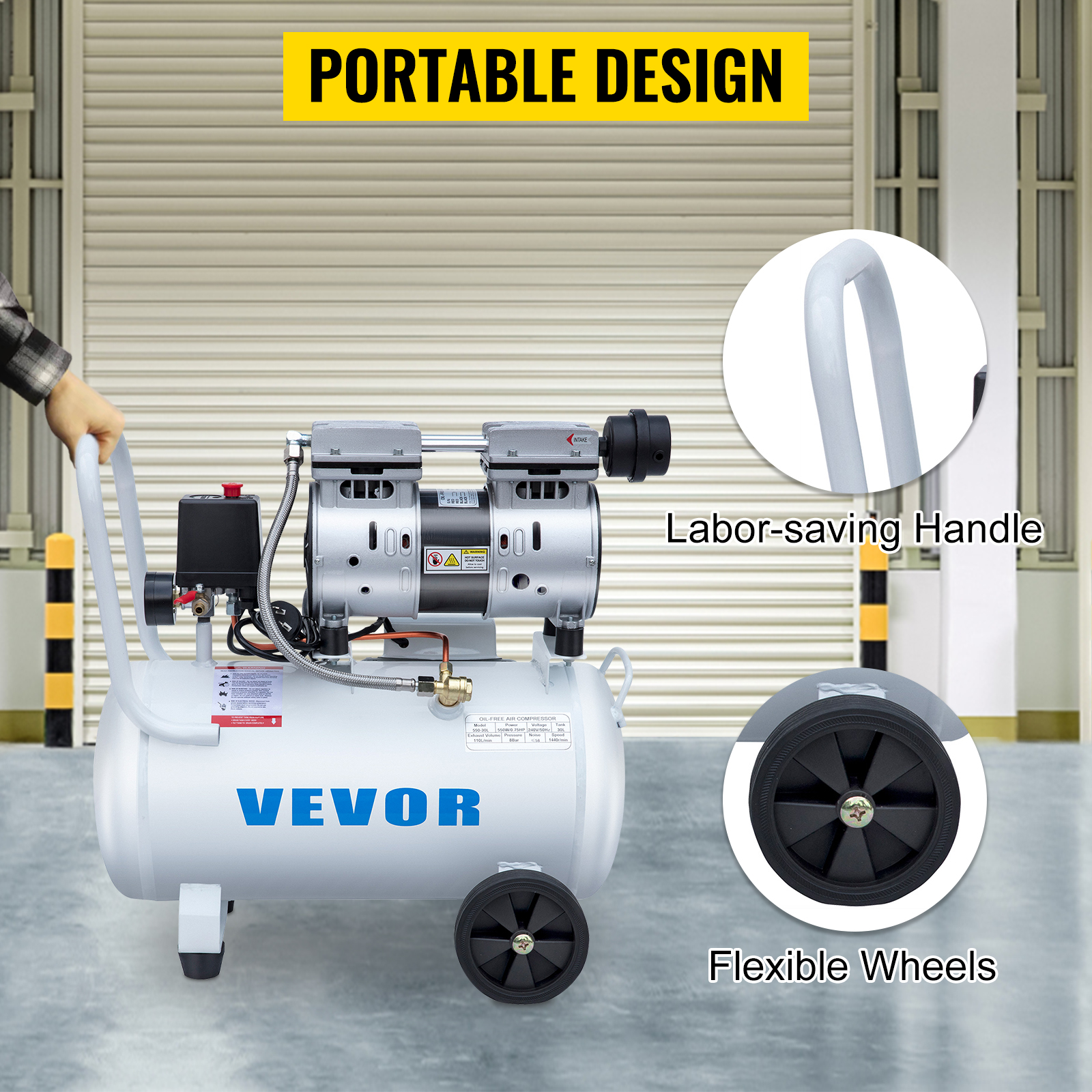 VEVOR 0.75HP Oil Free Air Compressor Air Compressor Tank 30L Silent ...