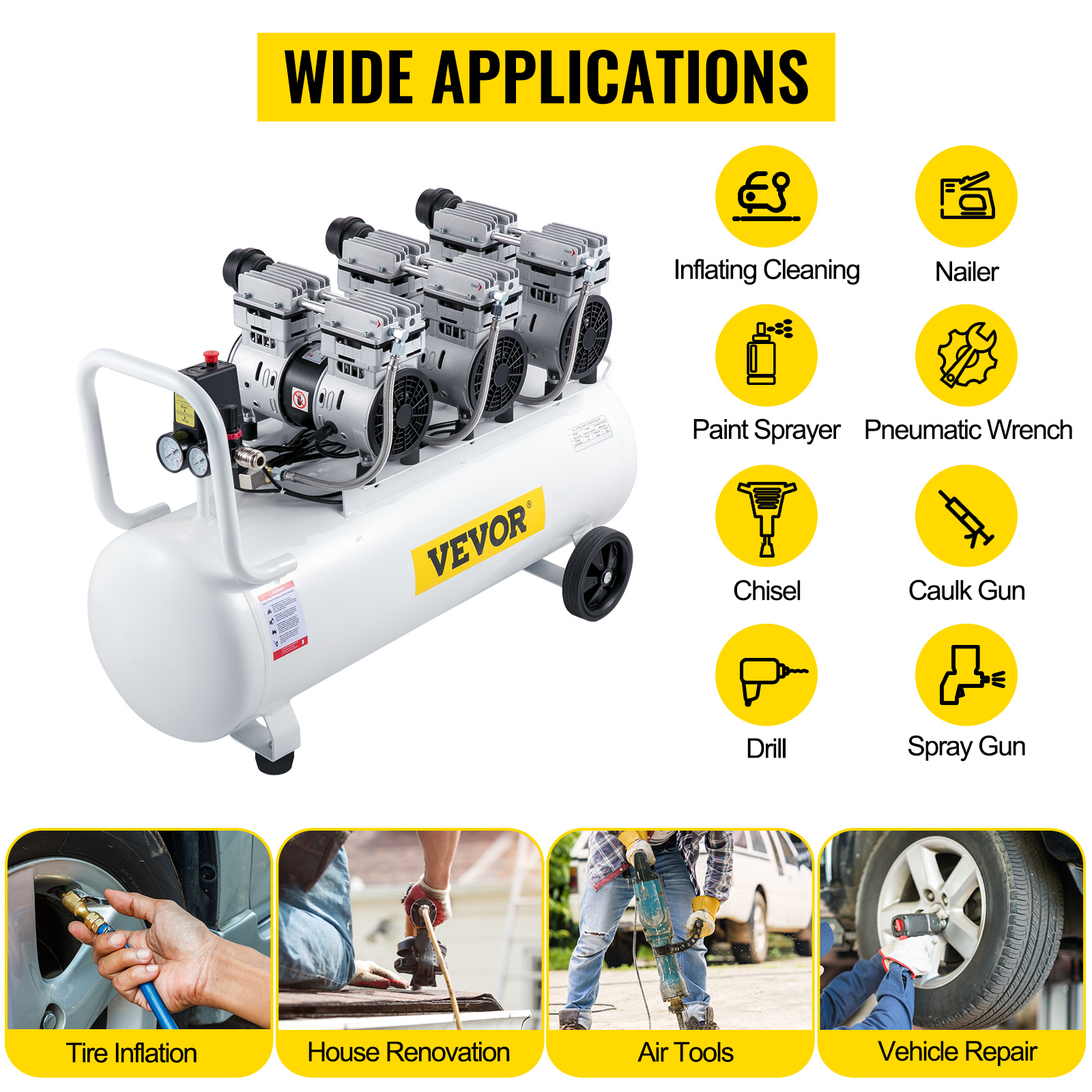 VEVOR Air Compressor 80L Ultra Quiet Oil-free Air Compressor Tank ...
