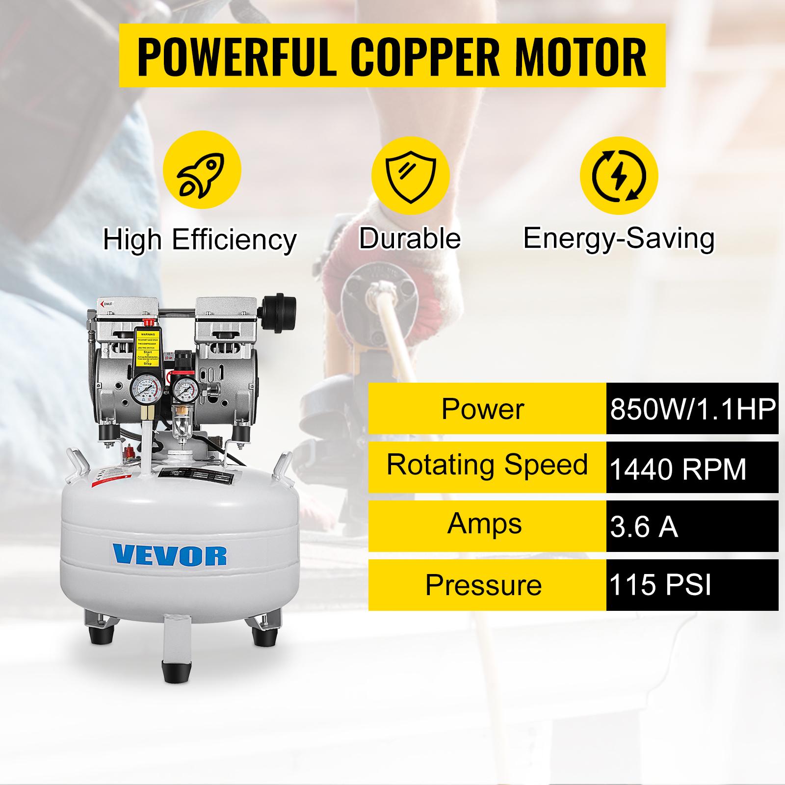 VEVOR Vertical Air Compressor 6.6 Gallon Ultra Quiet Oil-free Air ...