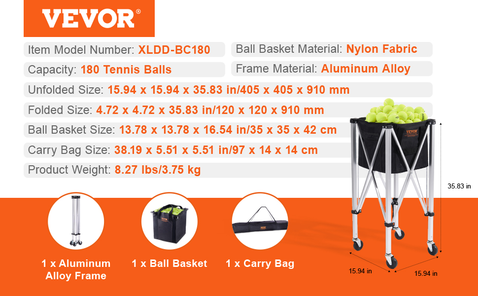 VEVOR Foldable Tennis Ball Hopper, Holds 180 Tennis Balls, Lightweight ...