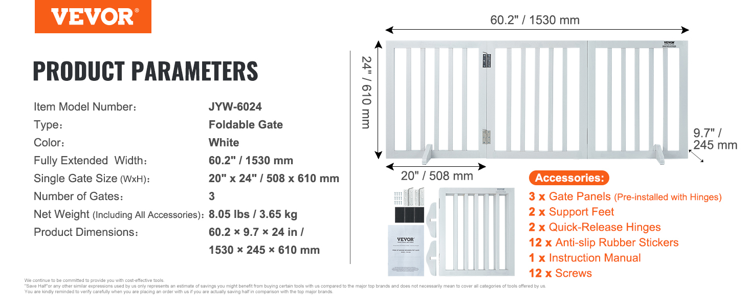 VEVOR Free Standing Dog Gate, 24" H x 60" W Freestanding Pet Gate, 3 ...