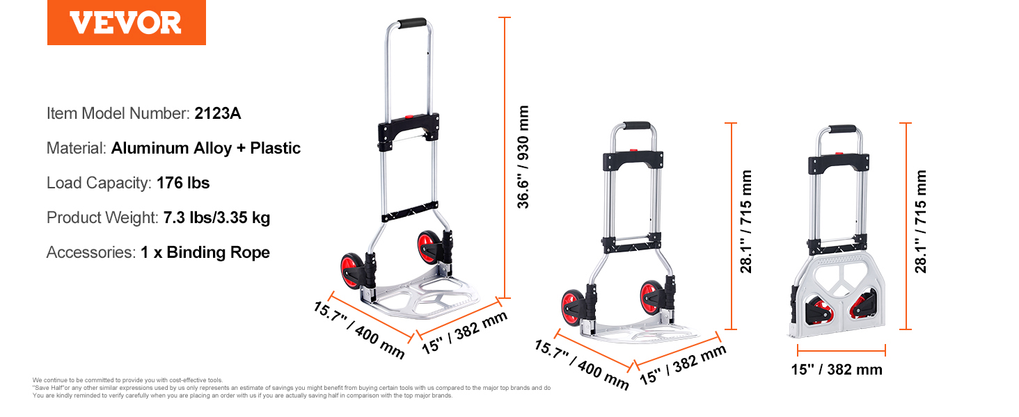 VEVOR Folding Hand Truck, 176 lbs Load Capacity, Aluminum Portable Cart ...
