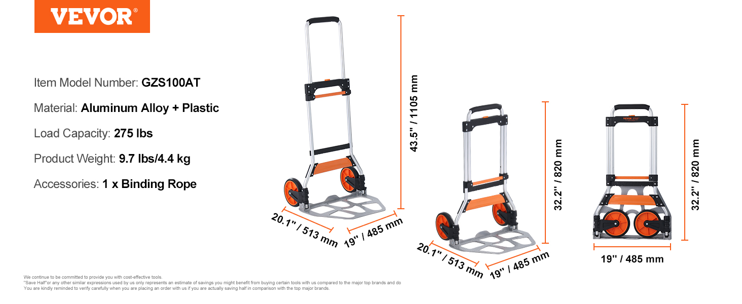 VEVOR Folding Hand Truck, 275 lbs Load Capacity, Aluminum Portable Cart ...