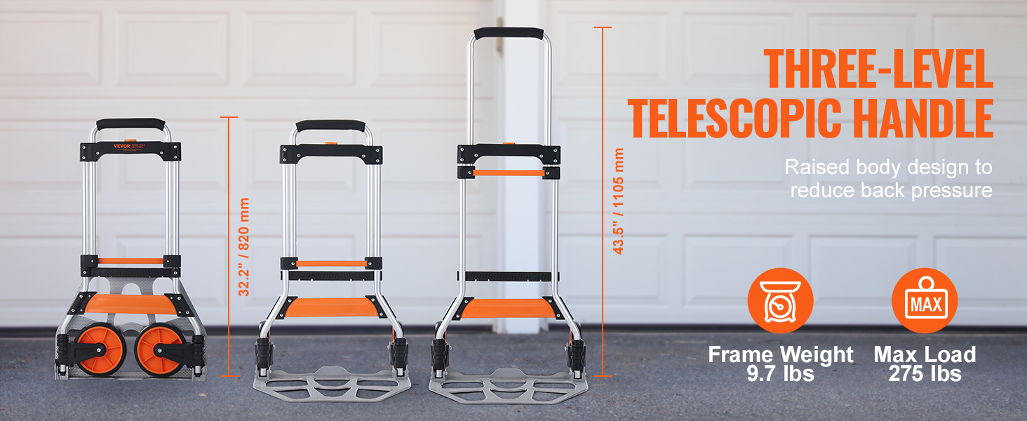 VEVOR Folding Hand Truck, 275 lbs Load Capacity, Aluminum Portable Cart ...