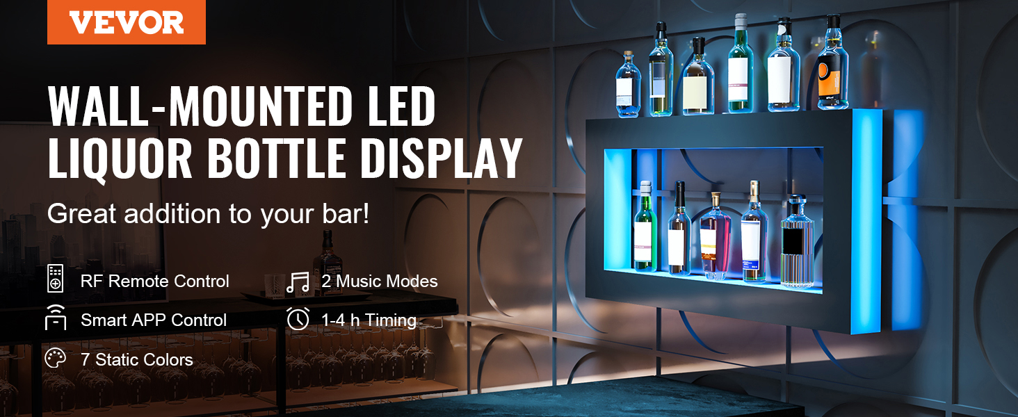VEVOR LED Lighted Liquor Bottle Display Bar Shelf RF & App Control 48 ...