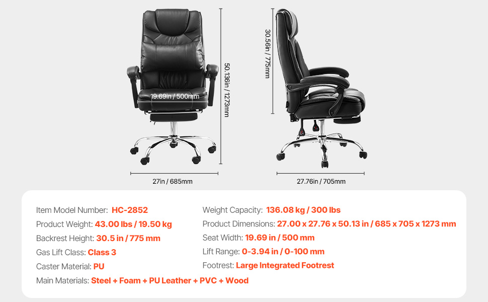 VEVOR Executive Chair High Back Office Chair with Footrest Lumbar ...