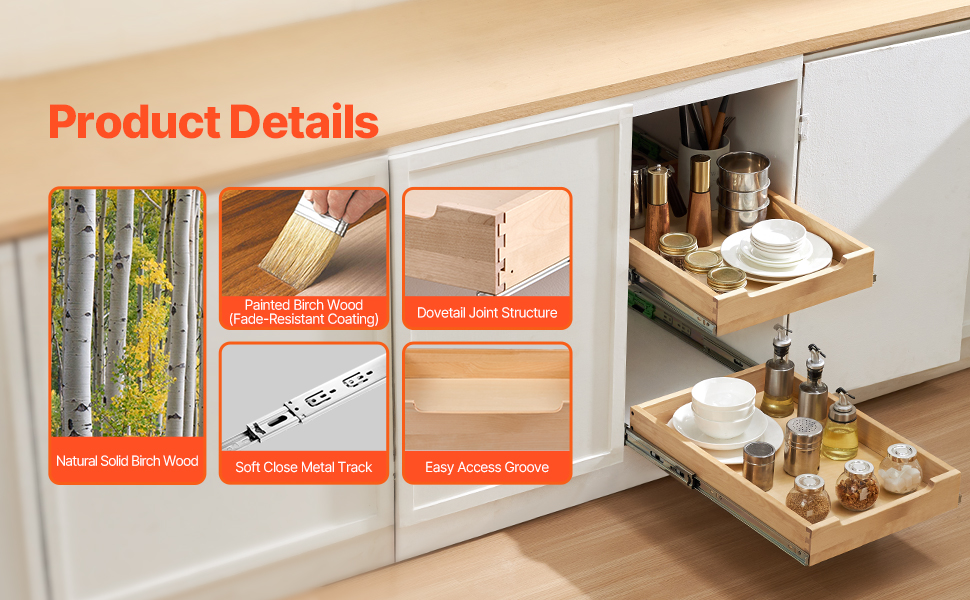 Pull Out Cabinet Organizer Soft Close Slide Out Shelf Wood Drawer 14"W ...