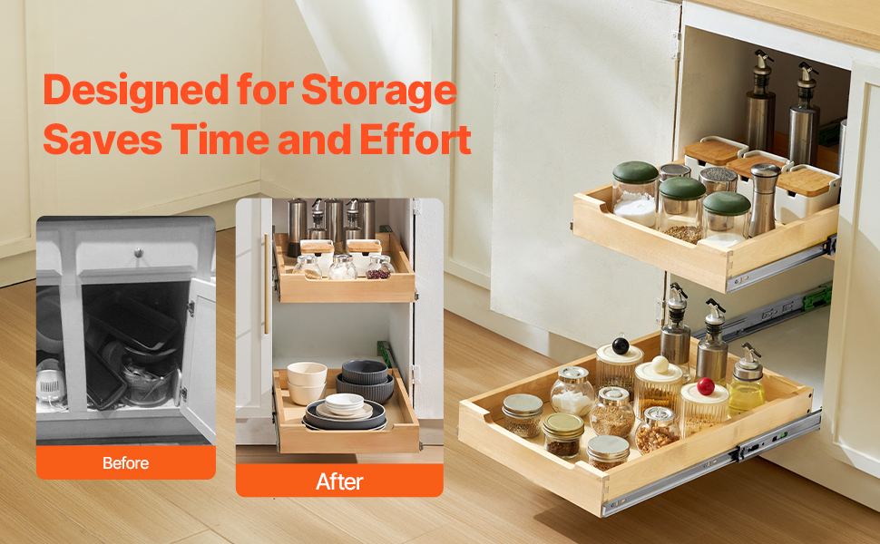 Pull Out Cabinet Organizer Soft Close Slide Out Shelf Wood Drawer 14"W ...
