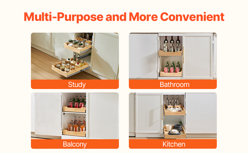 Pull Out Cabinet Organizer Soft Close Slide Out Shelf Wood Drawer 14"W ...