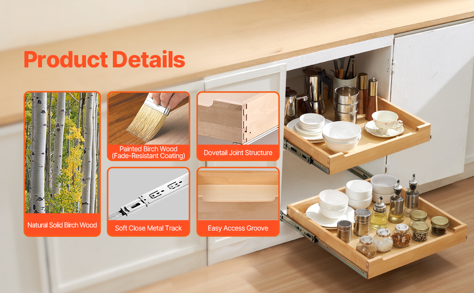 Pull Out Cabinet Organizer Soft Close Slide Out Shelf Wood Drawer 20"W ...