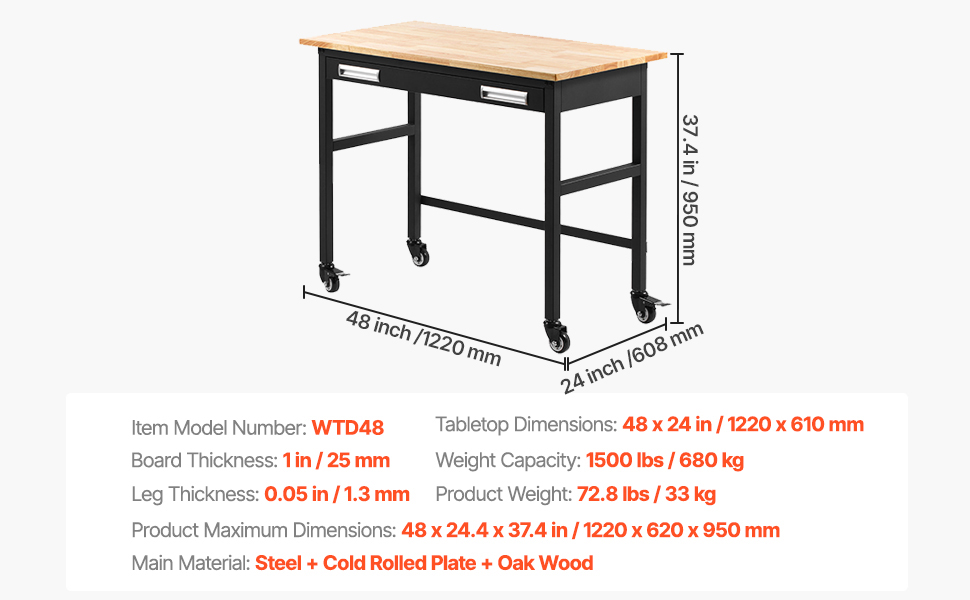 VEVOR 48" Workbench on Wheels Wood Top Work Table with Drawer Organizer ...