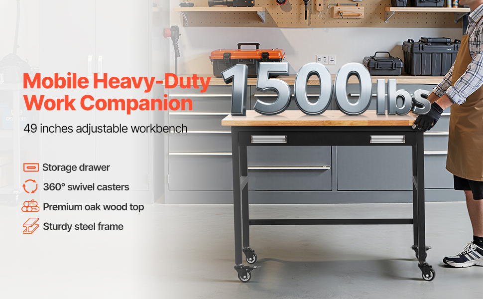 VEVOR 48" Workbench on Wheels Wood Top Work Table with Drawer Organizer ...