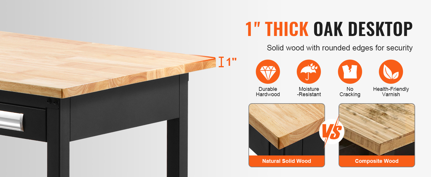 VEVOR 48" Workbench on Wheels Wood Top Work Table with Drawer Organizer ...