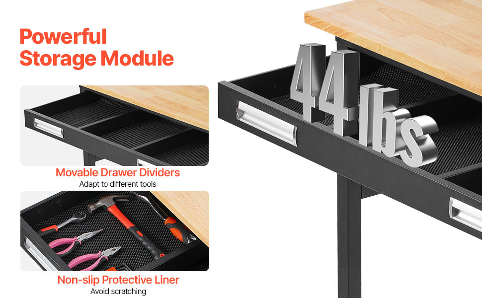 VEVOR 48" Workbench on Wheels Wood Top Work Table with Drawer Organizer ...
