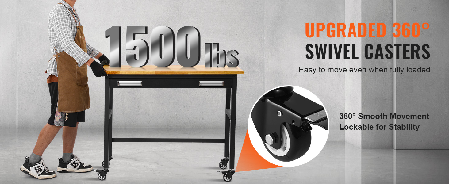 VEVOR 48" Workbench on Wheels Wood Top Work Table with Drawer Organizer ...