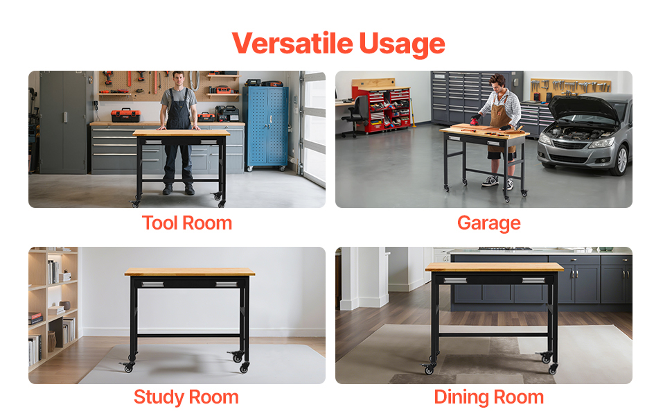 VEVOR 122 x 62cm Workbench on Wheels Wood Top Table with Drawer ...