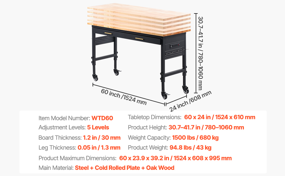VEVOR 60" Workbench on Wheels Adjustable Height Table with Power Outlet ...