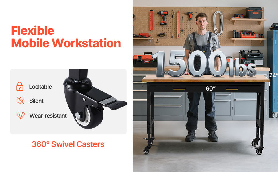 VEVOR 60" Workbench on Wheels Adjustable Height Table with Power Outlet ...