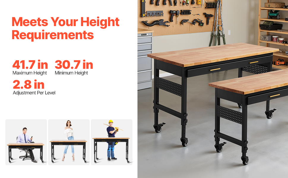 VEVOR 60" Workbench on Wheels Adjustable Height Table with Power Outlet ...